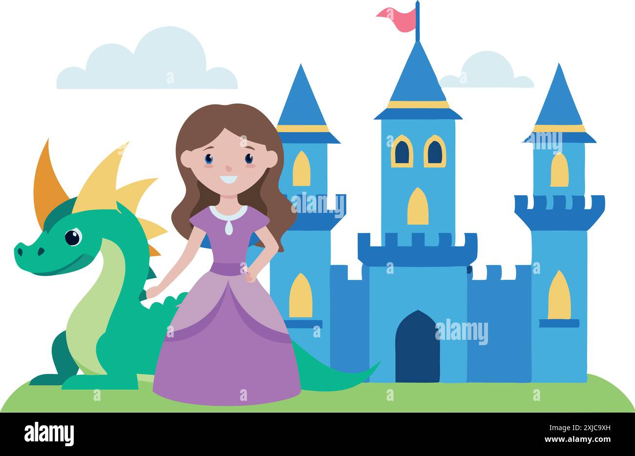 Colorful illustration of a fairy tale princess with a dragon in front ...