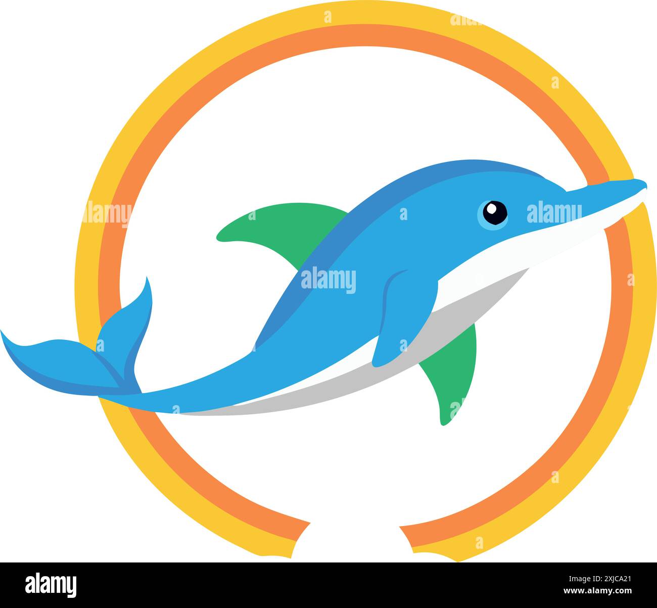 Vector illustration of a colorful cartoon dolphin jumping through a ...