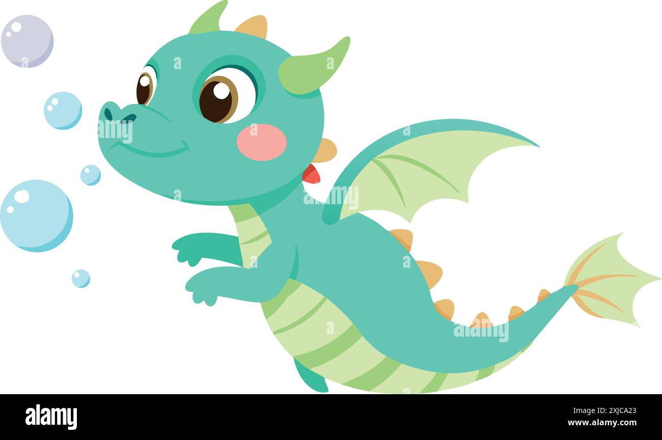 Adorable cartoon illustration of a green dragon blowing bubbles, set ...