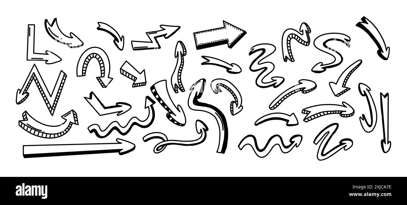 3d illusion hand-sketched arrow icons in monochrome. Set of vector illustrations featuring ...
