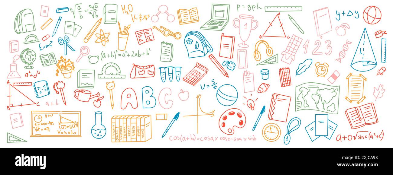 Variety of multicolored school supplies doodle vector set. Bundle of ...