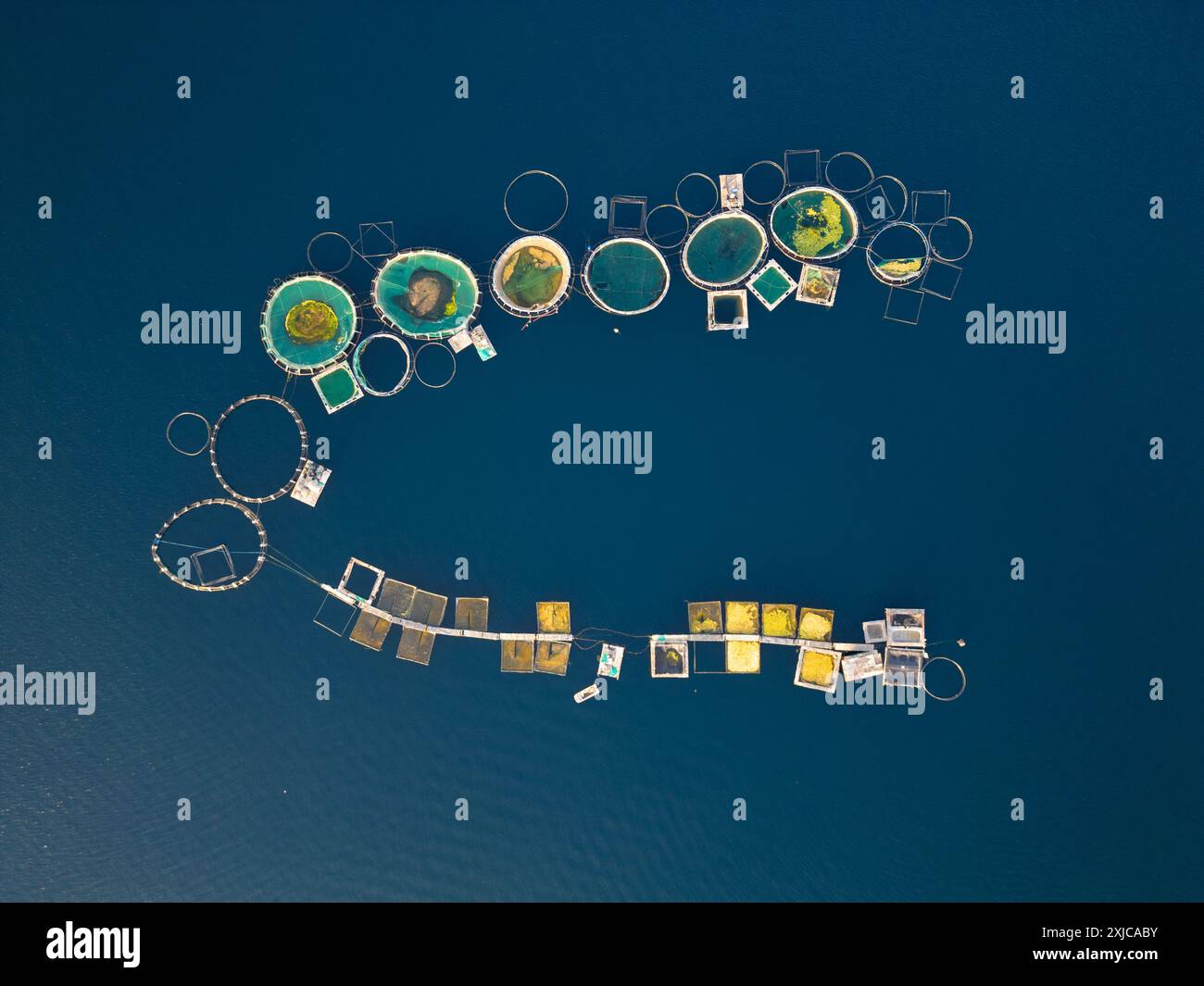 Aerial view of aquaculture fish farms in Sithonia, Greece, showcasing ...