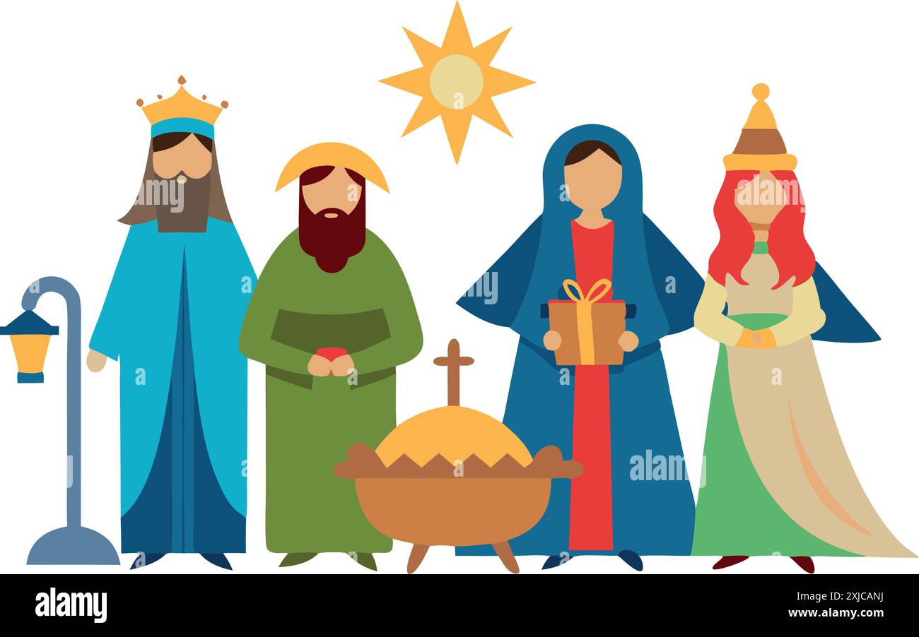 Simple and colorful illustration of a nativity scene featuring the holy ...