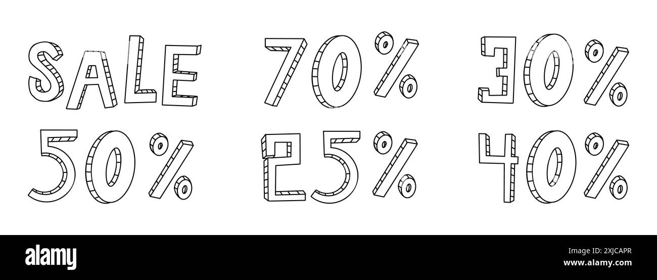 Sale with discount percentages doodle line vector icons bundle on white ...