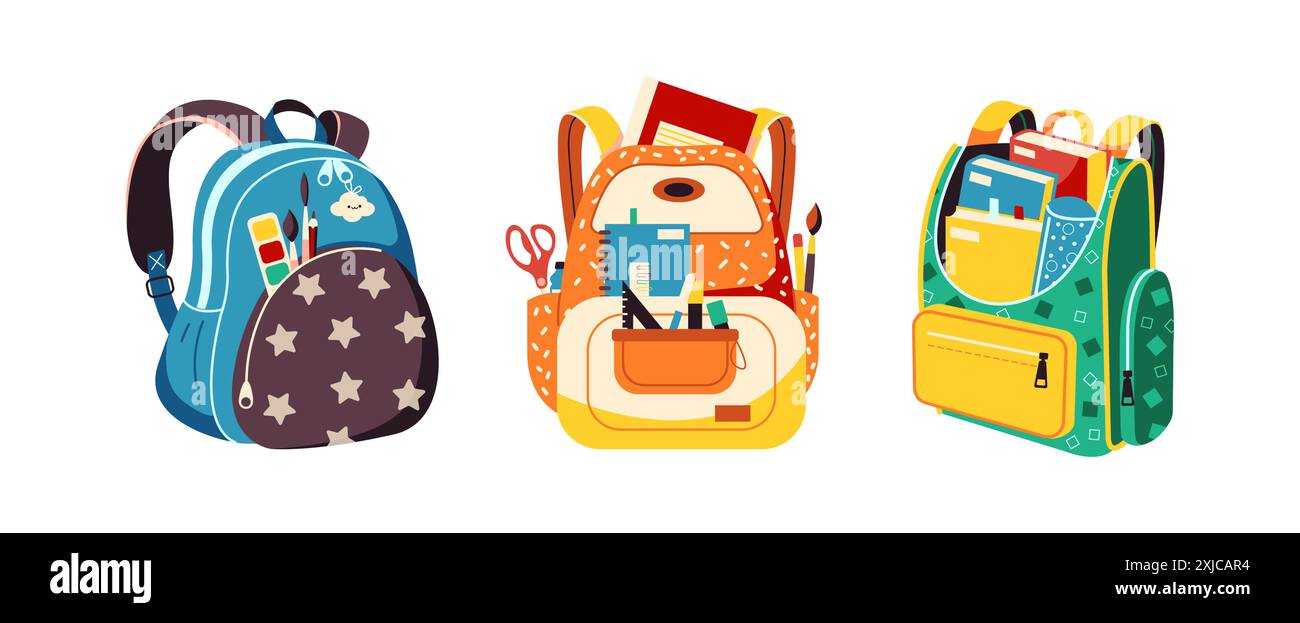 Schoolbags with stationery and textbooks 2D cartoon objects set. School ...