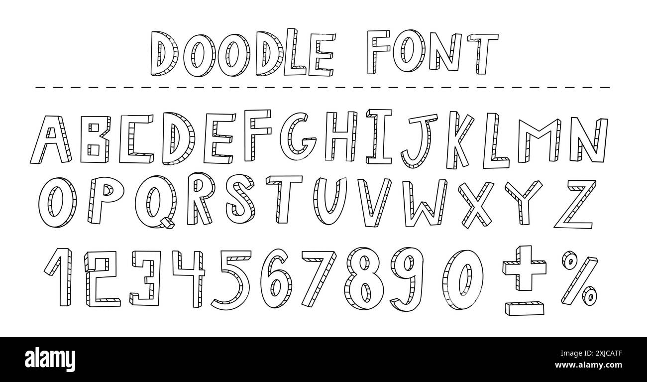 Doodle font with alphabet and numbers line vector icons bundle on white ...