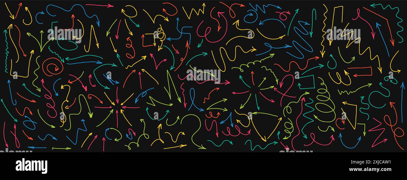 Navigation arrows doodle 2d line strokes vector icons on black ...