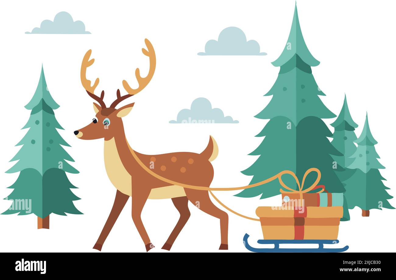 Cartoon reindeer pulling a sleigh with presents through a snowy forest under a cloudy sky Stock ...
