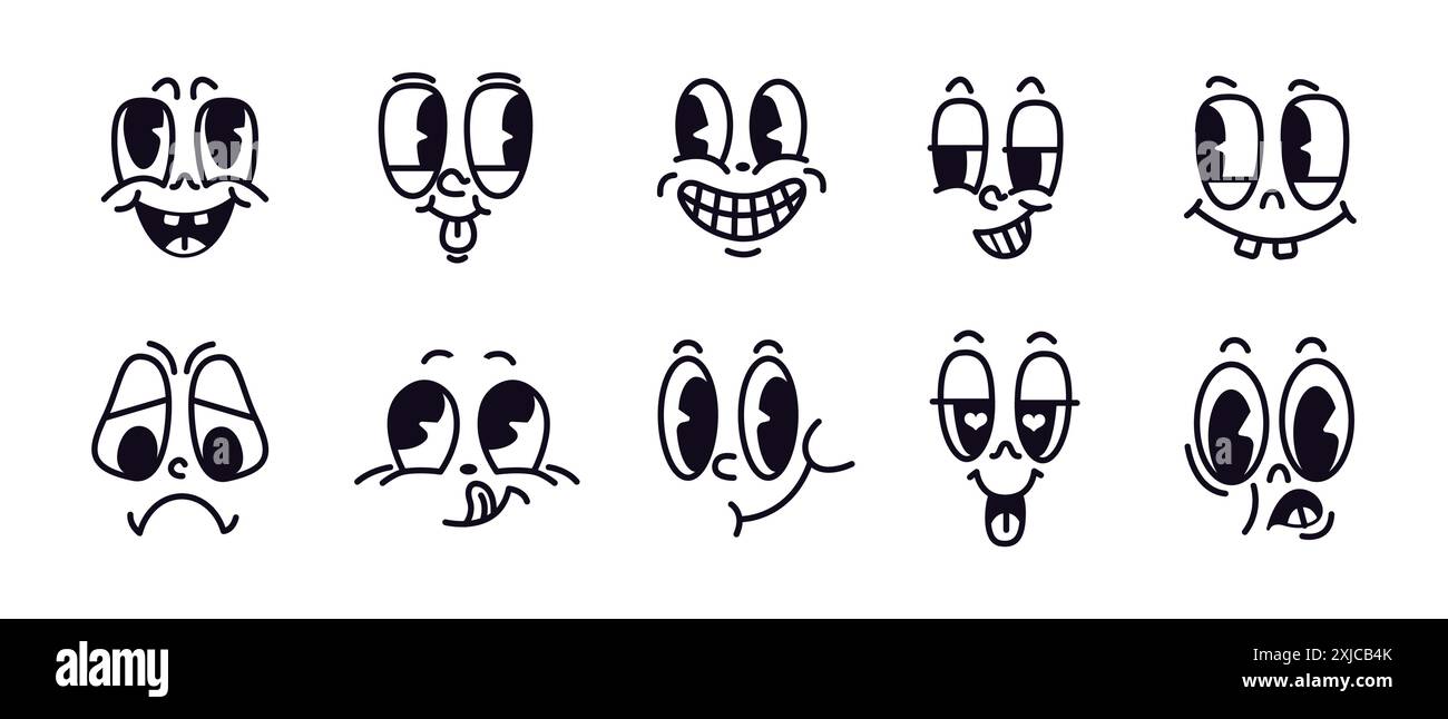 Hand-drawn cartoon faces featuring emotions on white. Illustrations in ...