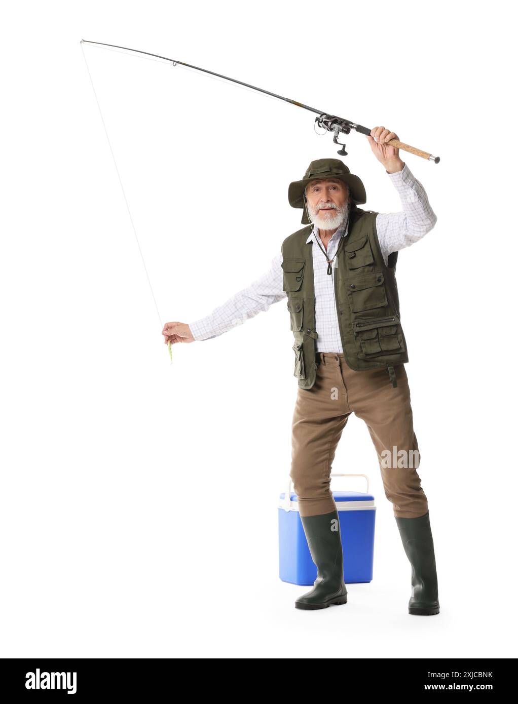 Fisherman with rod and cool box on white background Stock Photo - Alamy