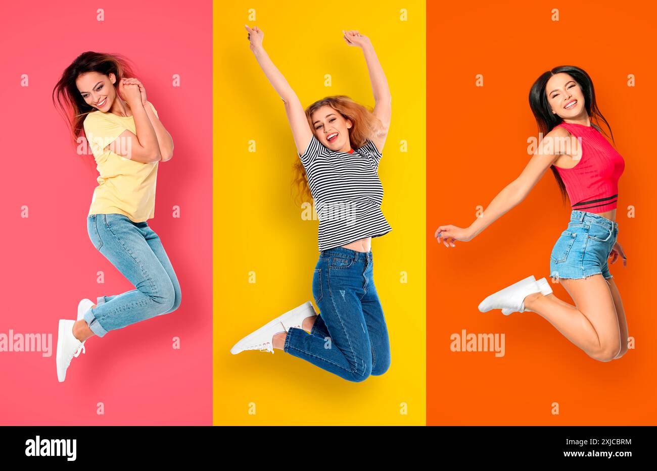 Cheerful women jumping on different colors backgrounds, collage Stock ...