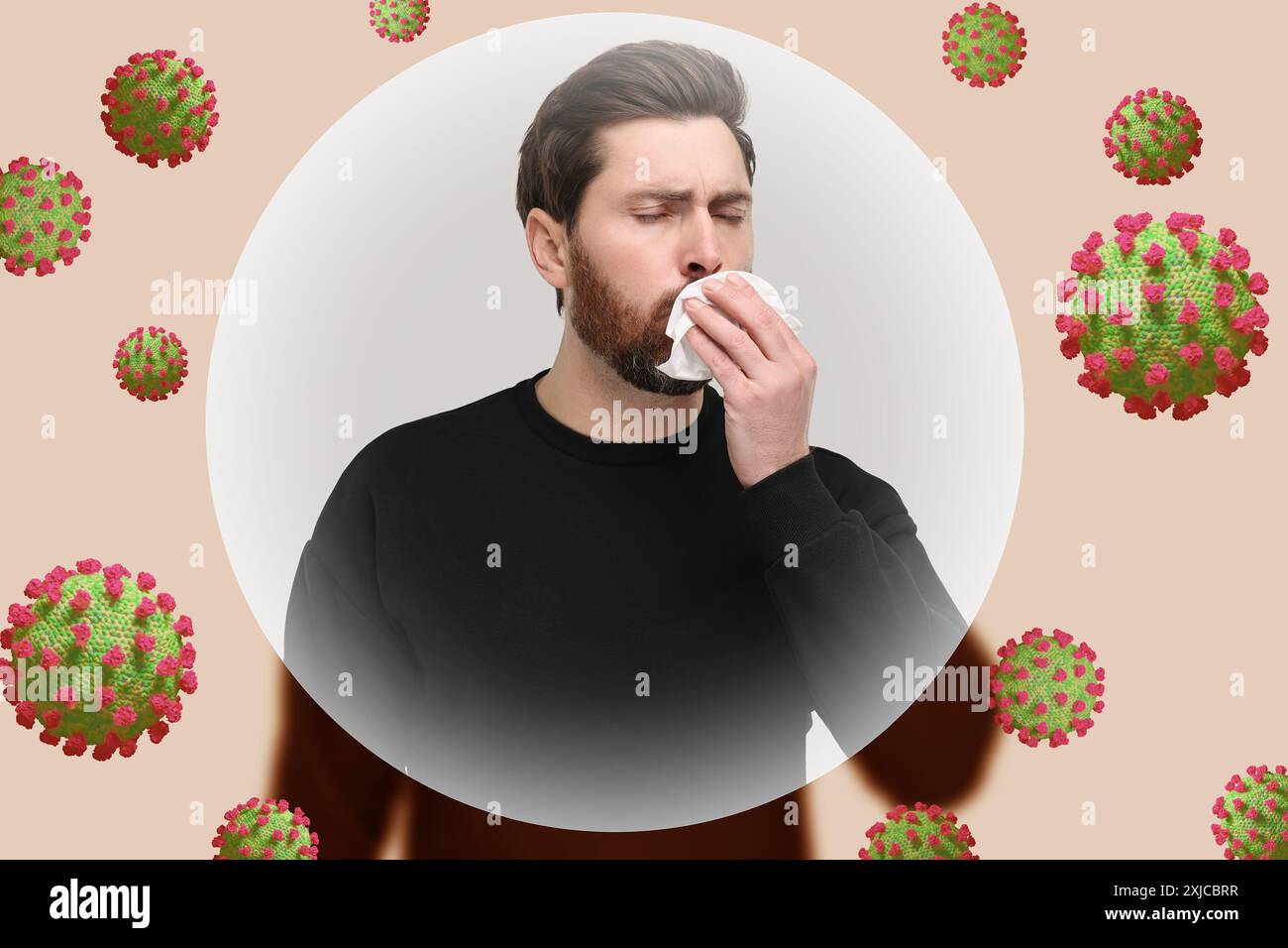 Man coughing on color background. Immunity system fighting with virus ...