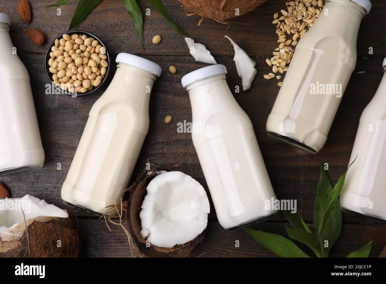 Different types of vegan milk in bottles with ingredients and green ...