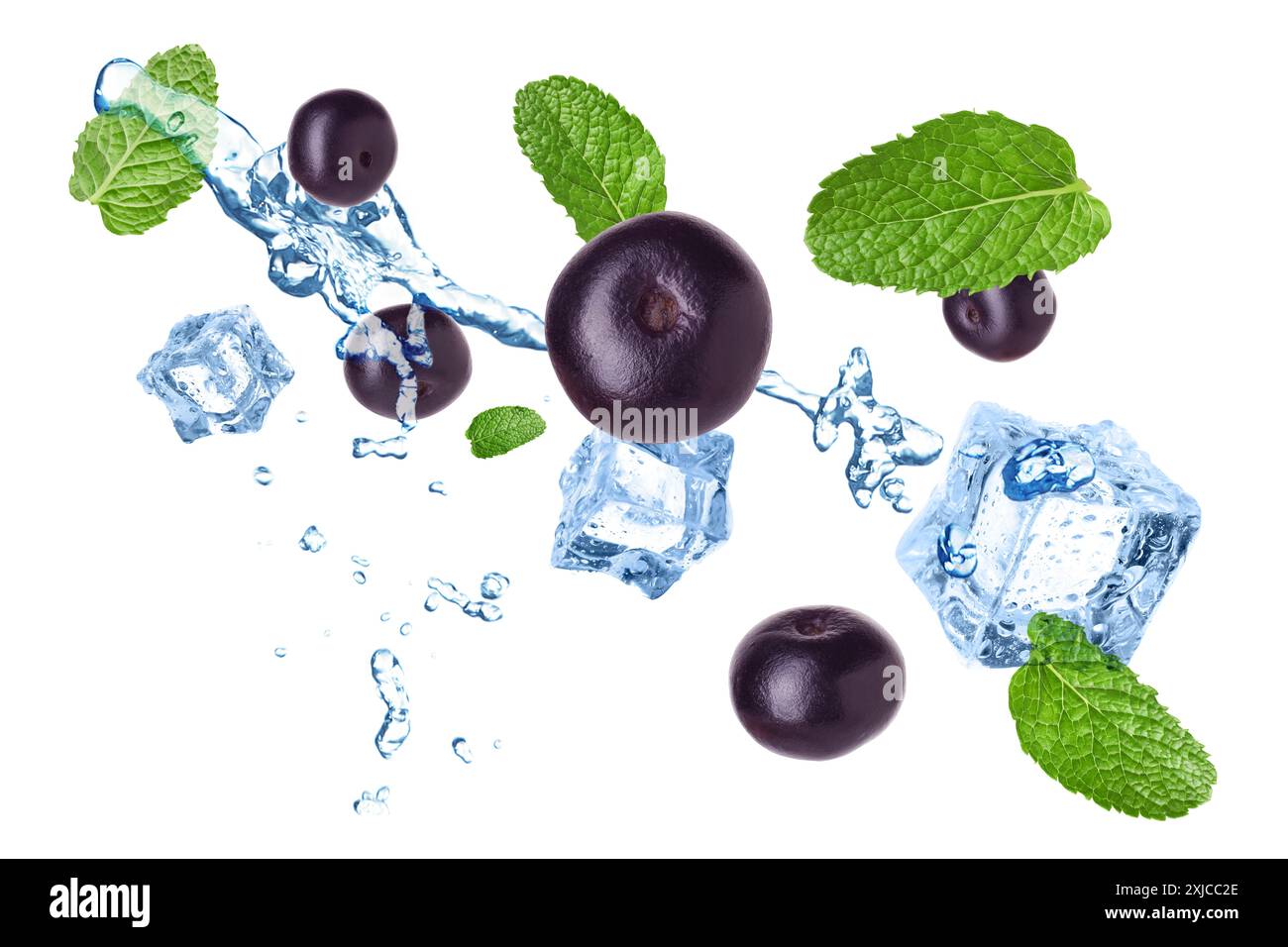 Acai berries, mint leaves, ice cubes and splash of water in air on ...