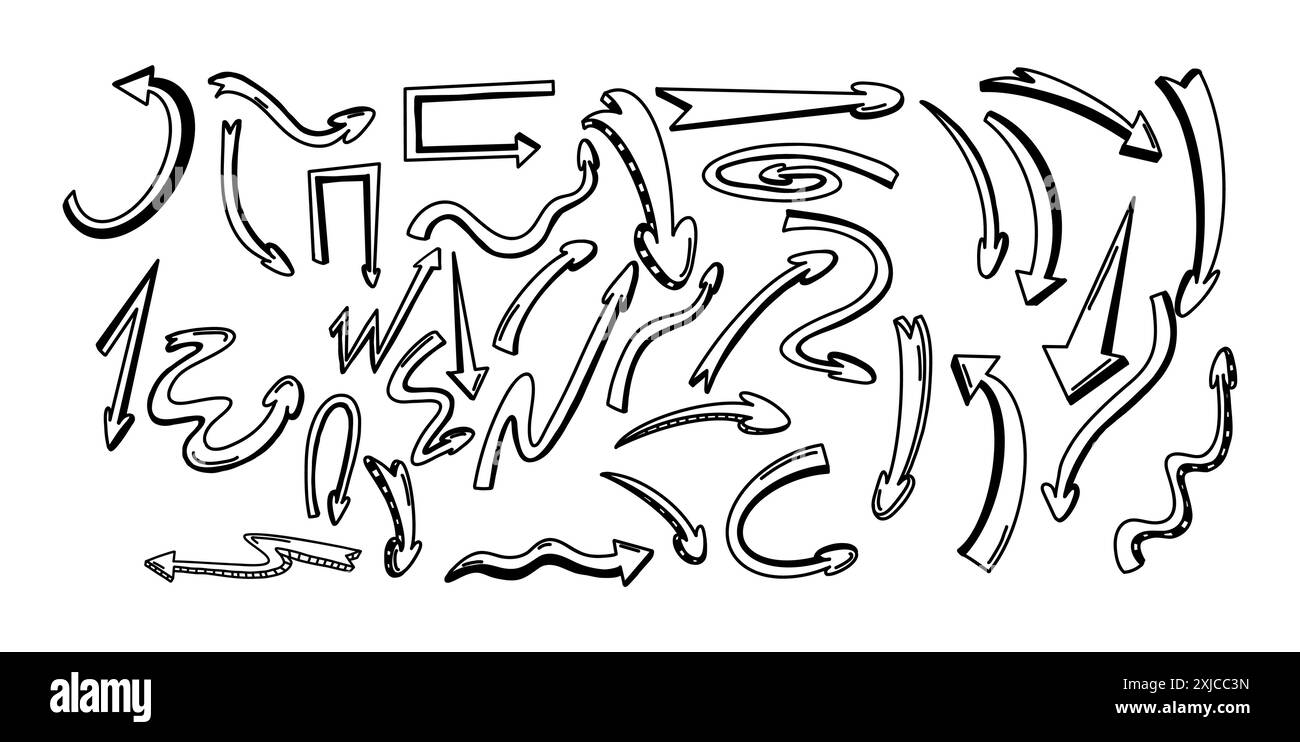 Hand-drawn monochrome arrows in pseudo 3D doodle line style. Series of ...