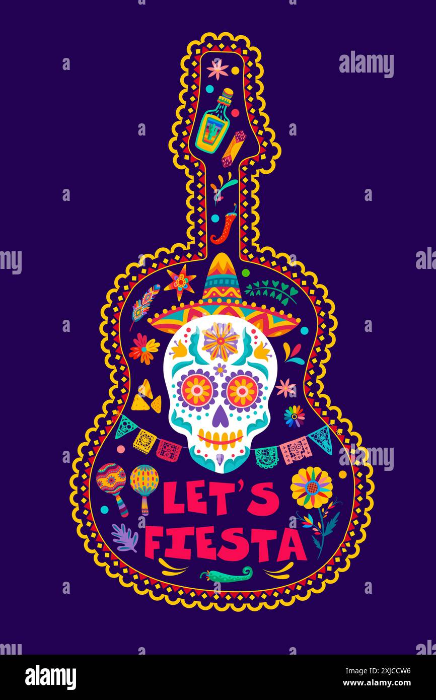 Mexican quote let us fiesta with musical guitar and calavera sugar ...