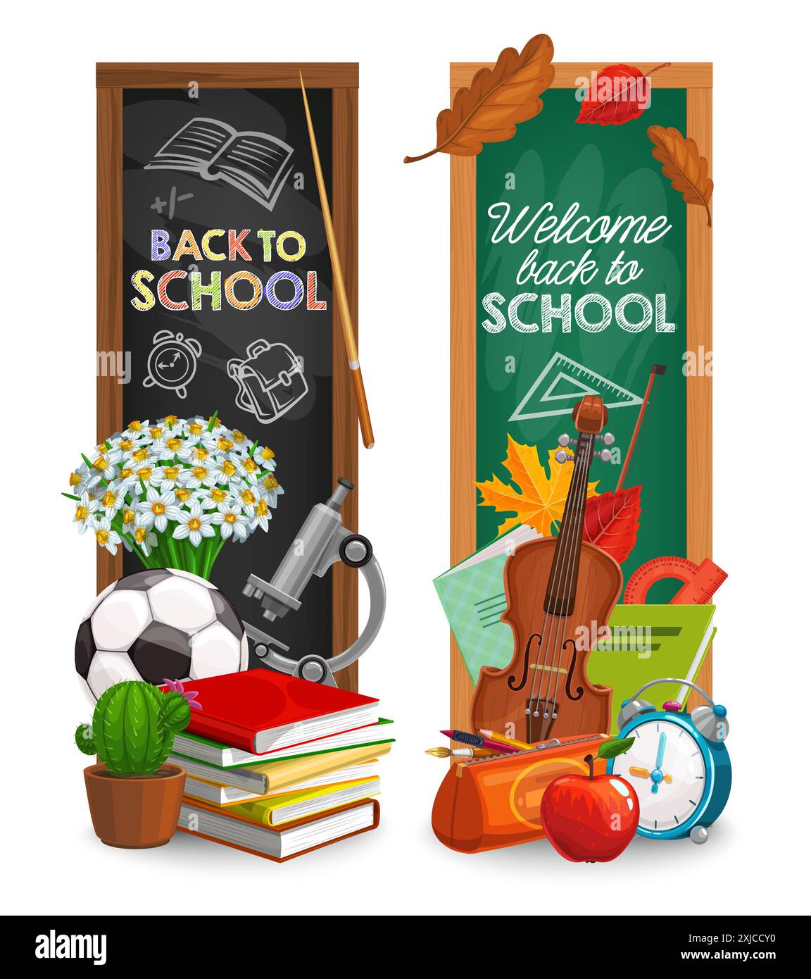 Back to school chalkboard banners with study supplies and education ...