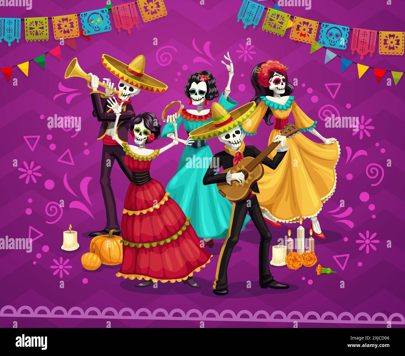 Day of the Dead Mexican holiday characters, Dia De Los Muertos mariachi ...