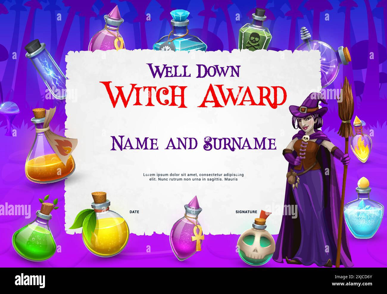 Halloween witch diploma with magic potion bottles and fairytale ...