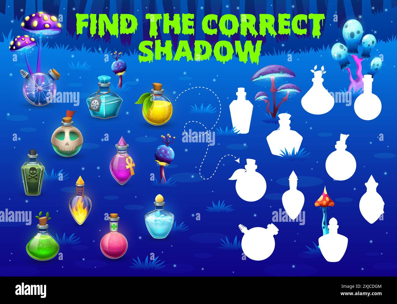 Halloween game, find the correct shadow of potion bottles puzzle ...