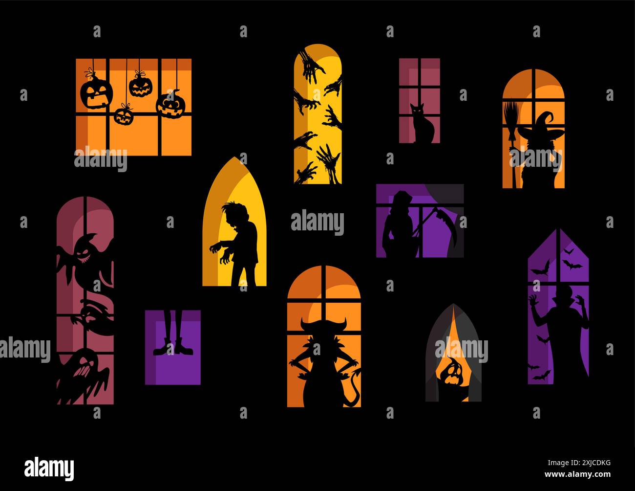Scary silhouettes in Halloween windows. Creepy and spooky vector ...