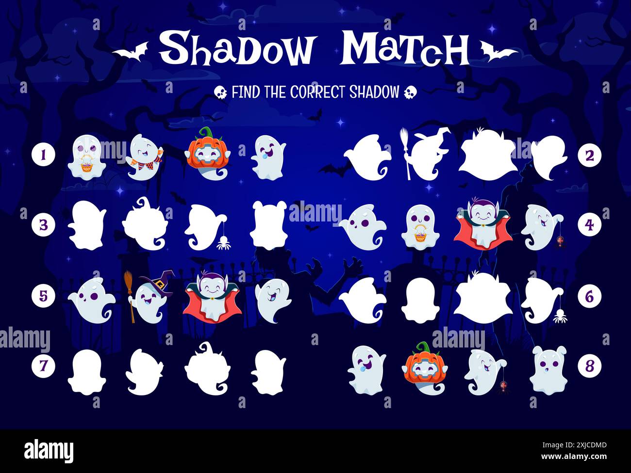Halloween kids game, find the correct shadow of cute kawaii ghosts ...