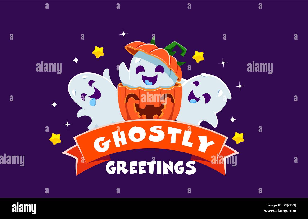 Halloween greetings with kawaii ghost characters. Vector banner or card ...
