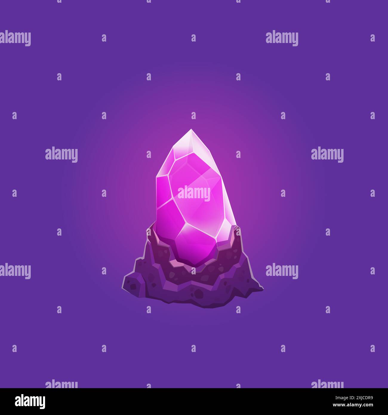 Cartoon magic crystal, isolated vector rock, gleams with radiant purple ...