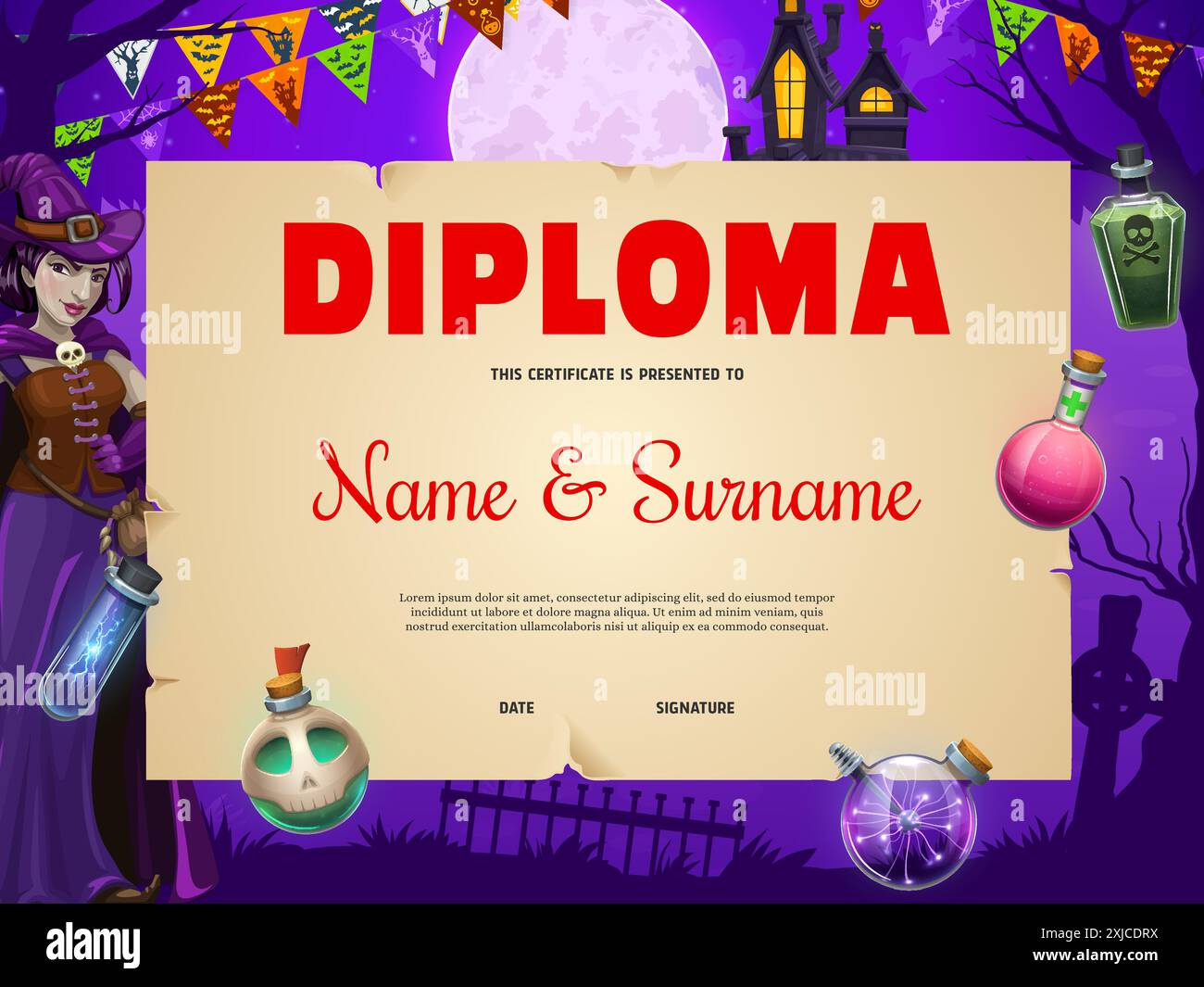 Halloween kids diploma with dark scary castle, potion bottles, witch ...