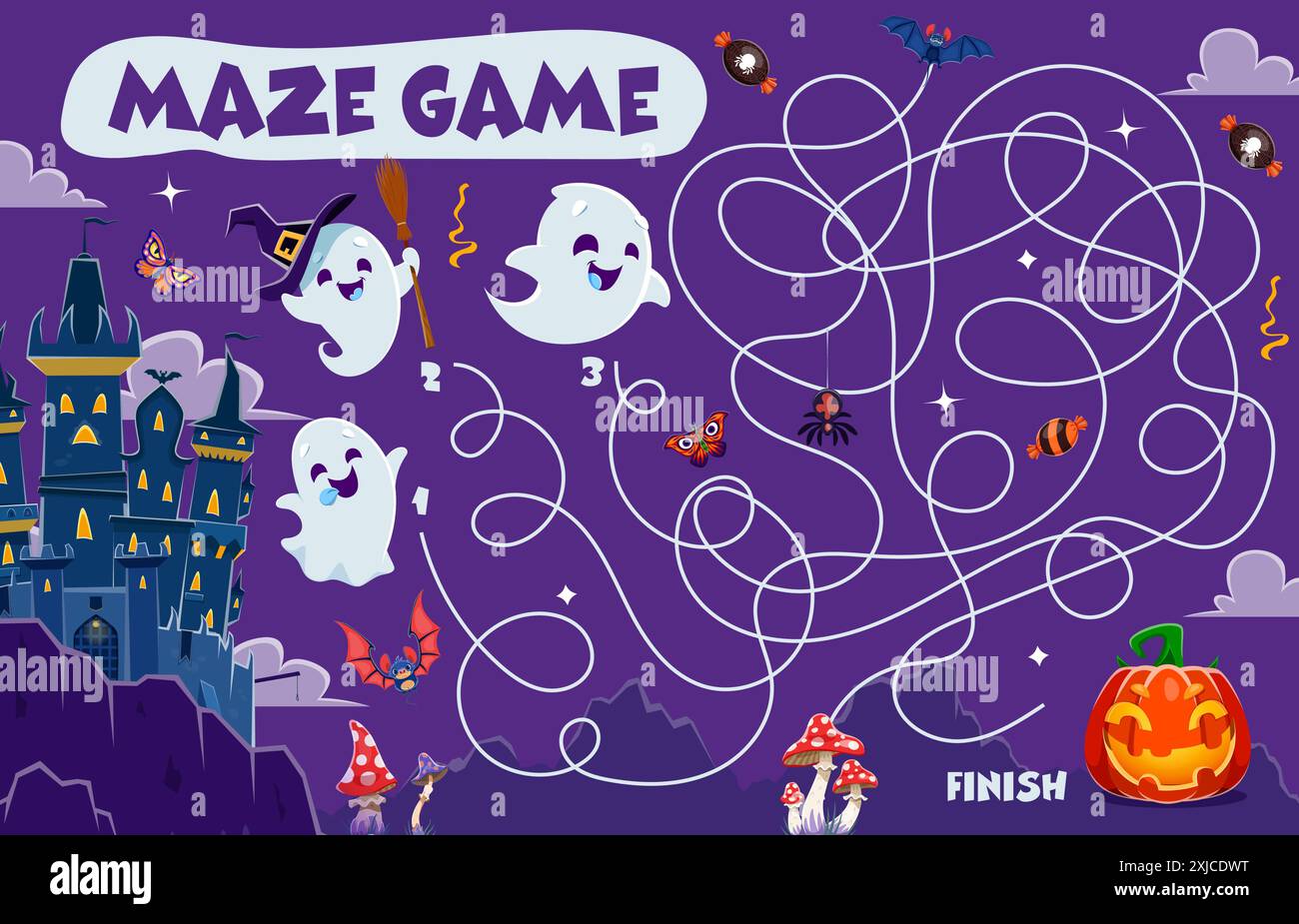 Halloween labyrinth maze game. Help to pumpkin find a cute kawaii ghost ...