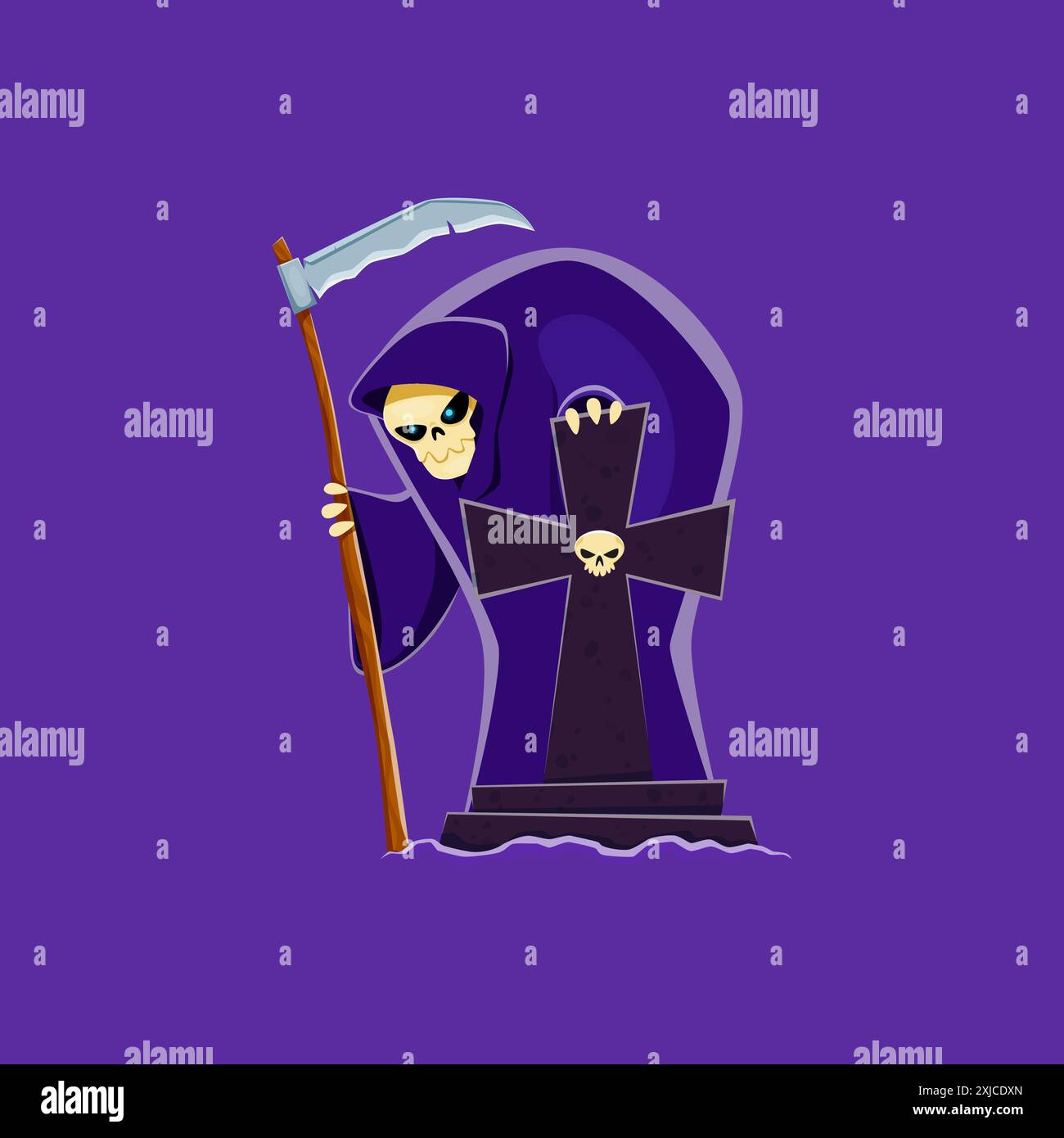 Cartoon Halloween scary death character near tombstone. Vector sinister ...