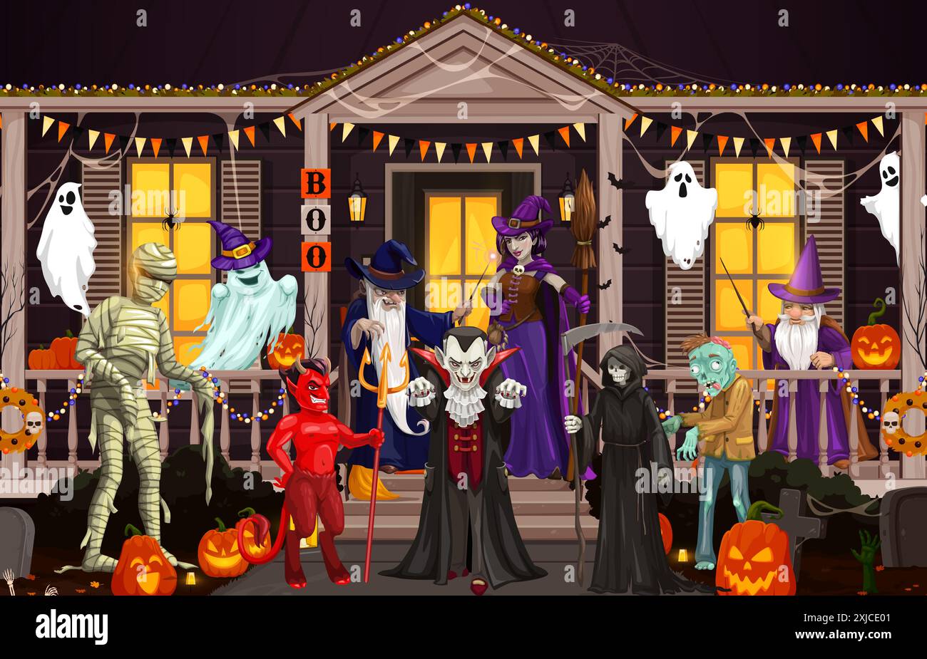 Halloween characters on holiday door porch. A spooky scene with eerie ...
