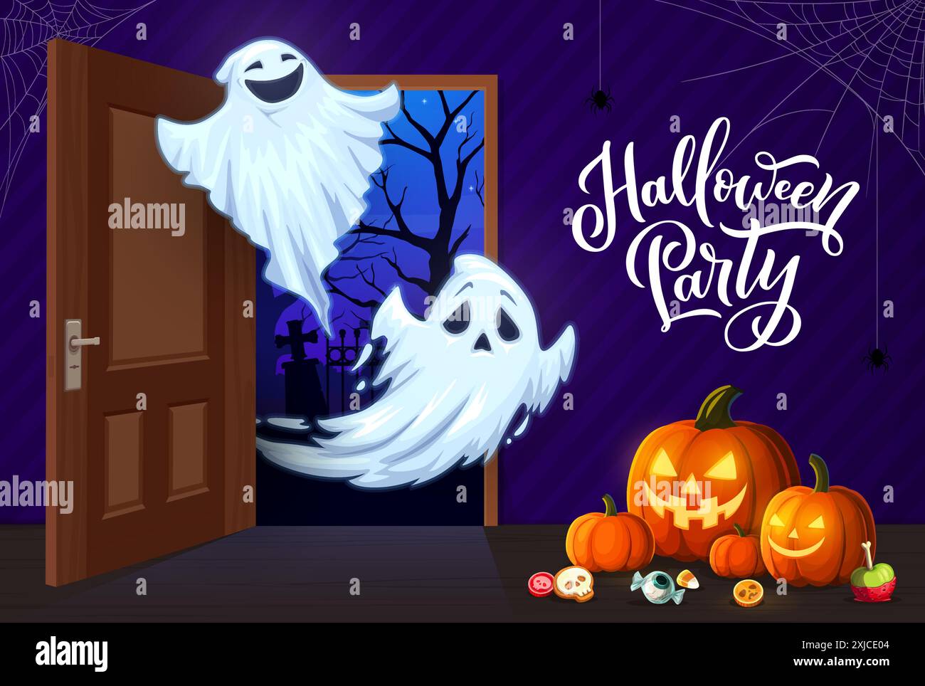 Halloween pumpkins and flying ghost characters in opened door, cartoon ...