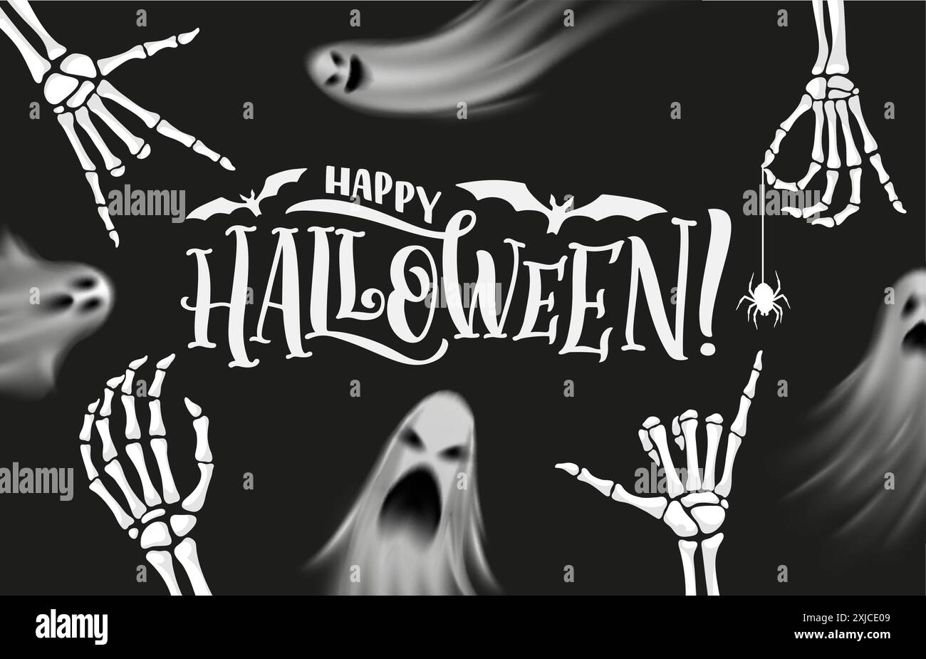 Halloween realistic ghosts and skeleton hands. Vector background with ...