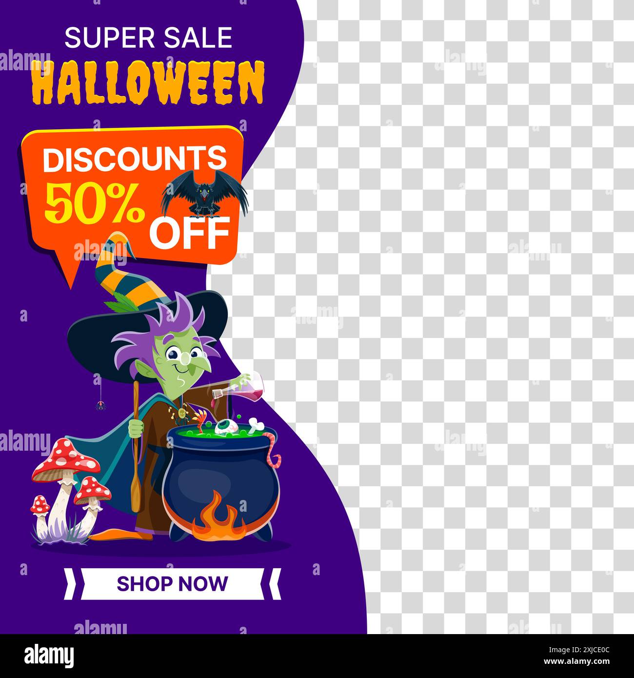 Halloween sale banner template with funny witch and magic potion ...