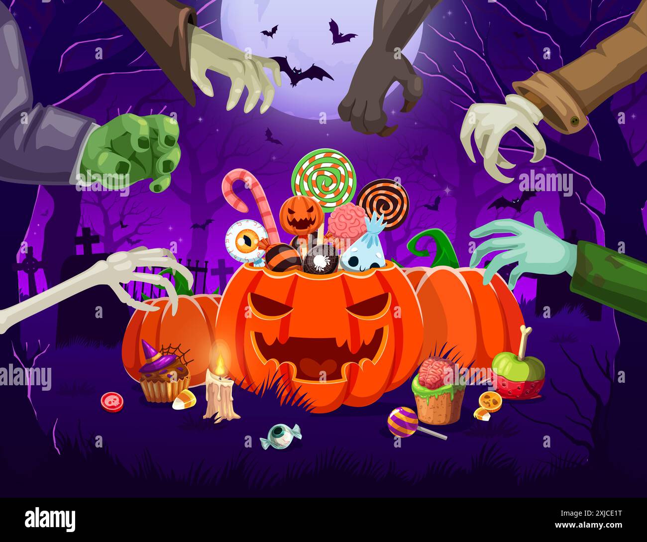 Halloween cartoon character hands and sweets bucket on cemetery. Fall ...
