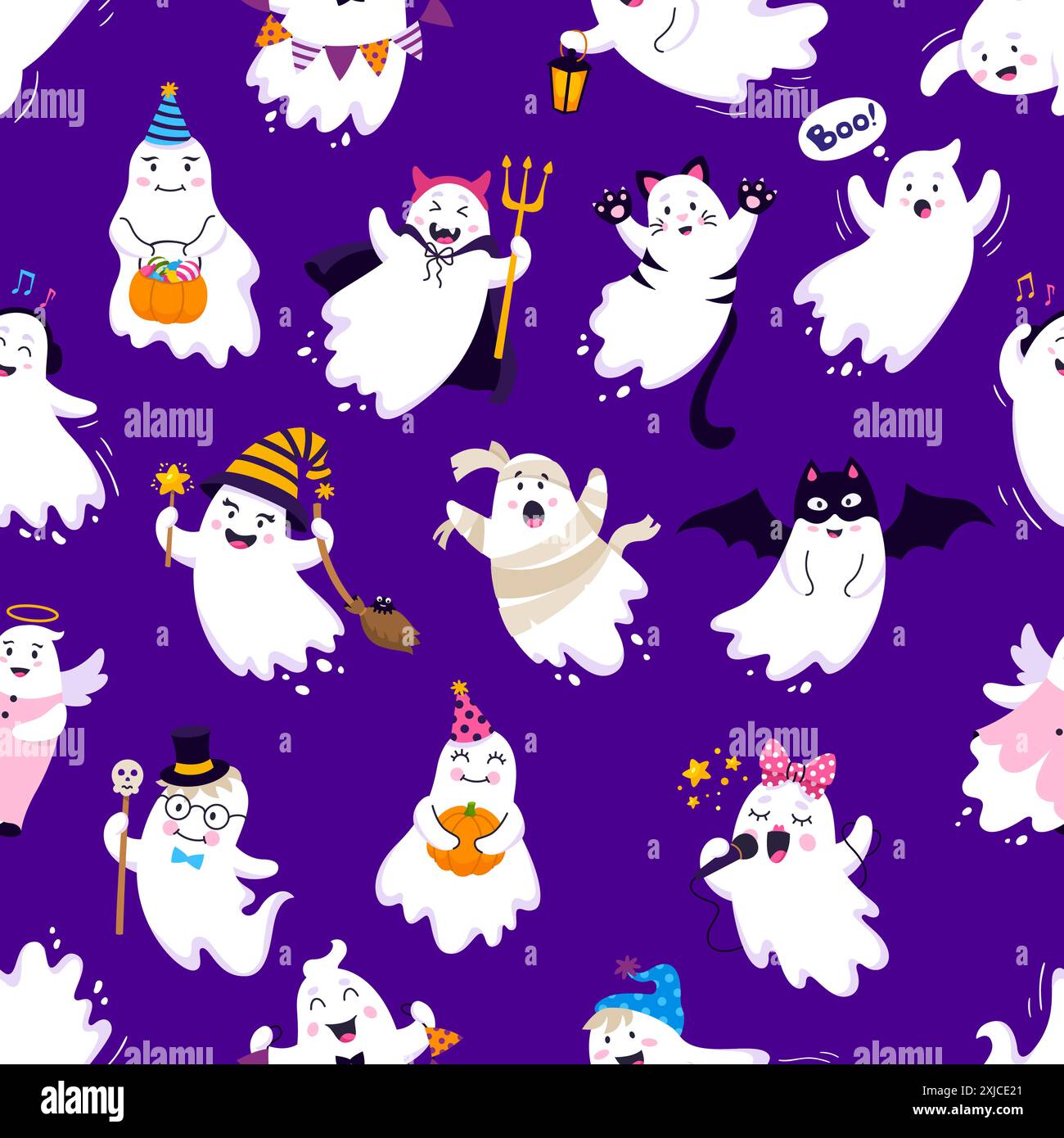 Cartoon Halloween kawaii ghosts seamless pattern. Halloween holiday ...