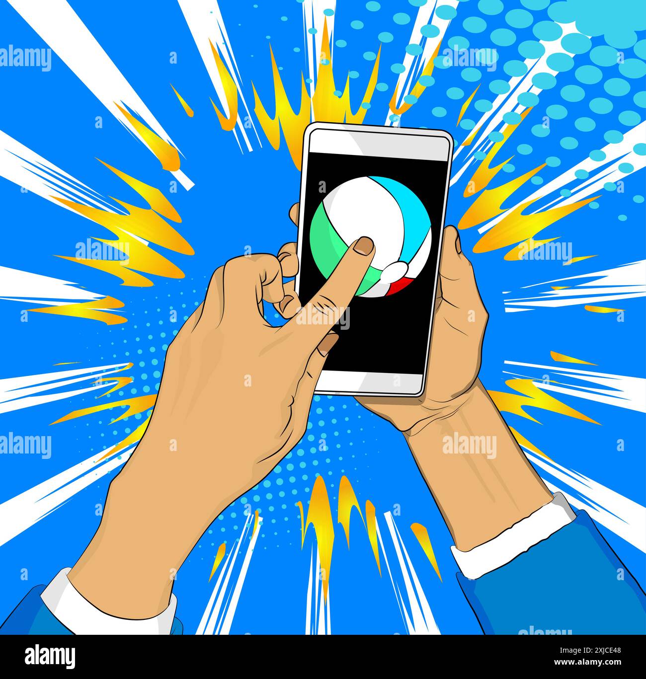 Cartoon Smartphone, comic book Telephone with Beach Ball. Retro vector ...