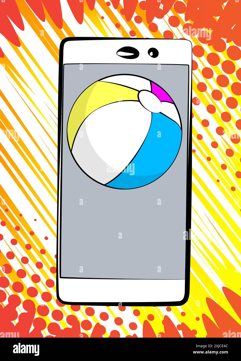 Cartoon Smartphone, comic book Telephone with Beach Ball. Retro vector ...