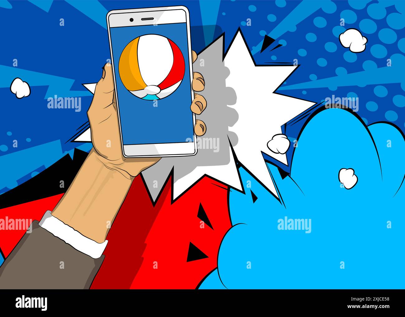 Cartoon Smartphone, comic book Telephone with Beach Ball. Retro vector ...