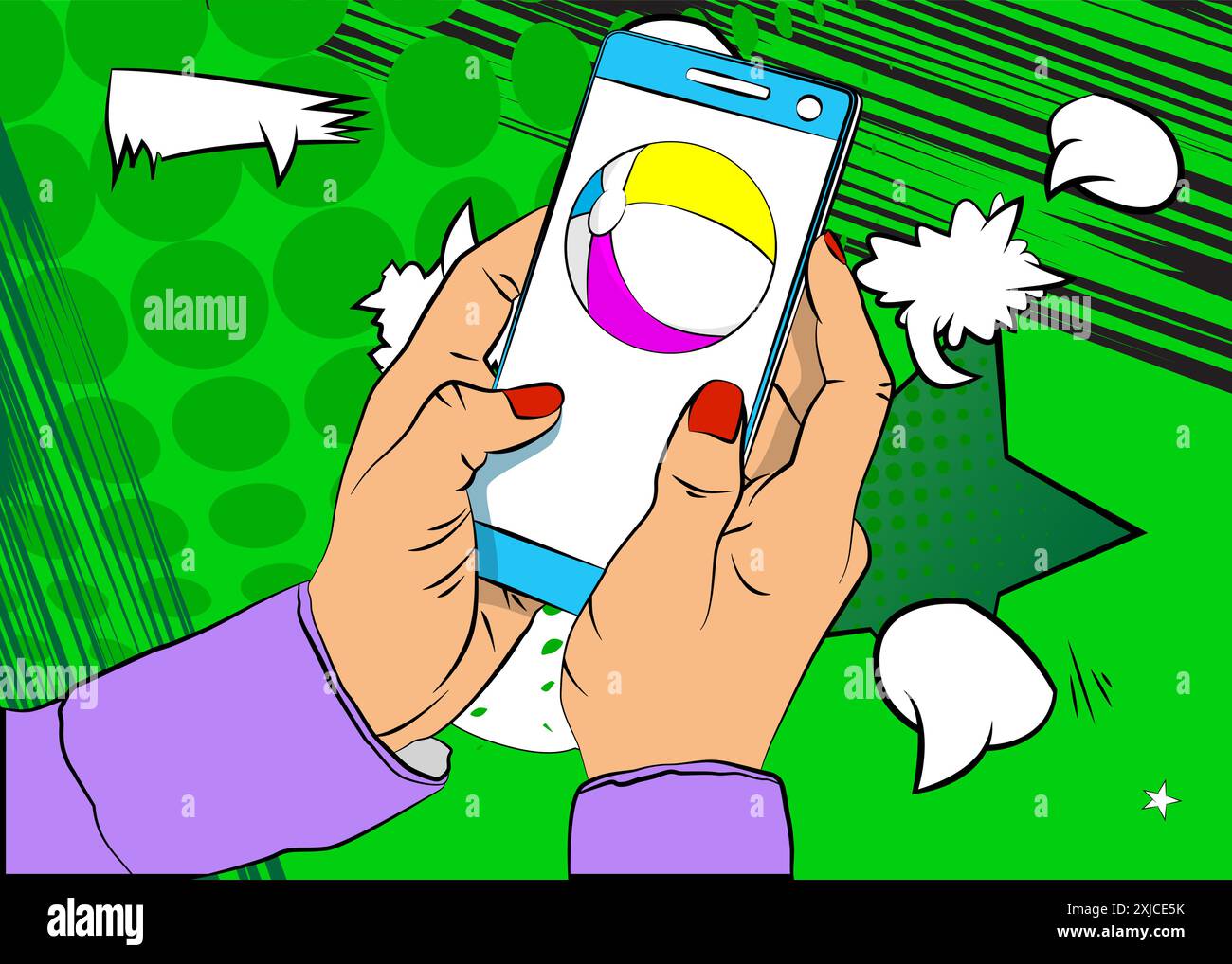 Cartoon Smartphone, comic book Telephone with Beach Ball. Retro vector ...