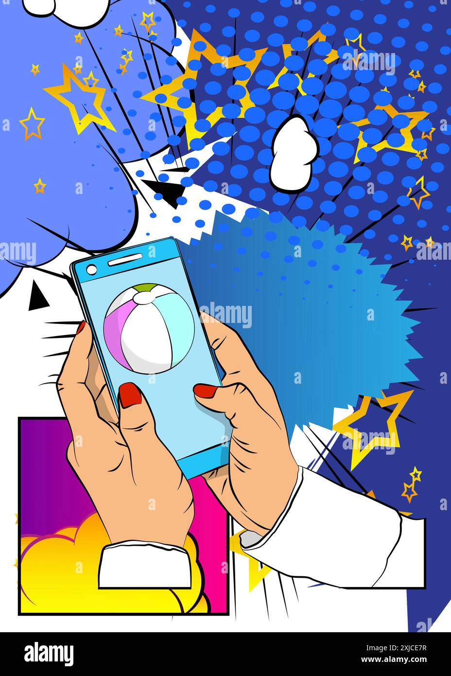 Cartoon Smartphone, comic book Telephone with Beach Ball. Retro vector ...