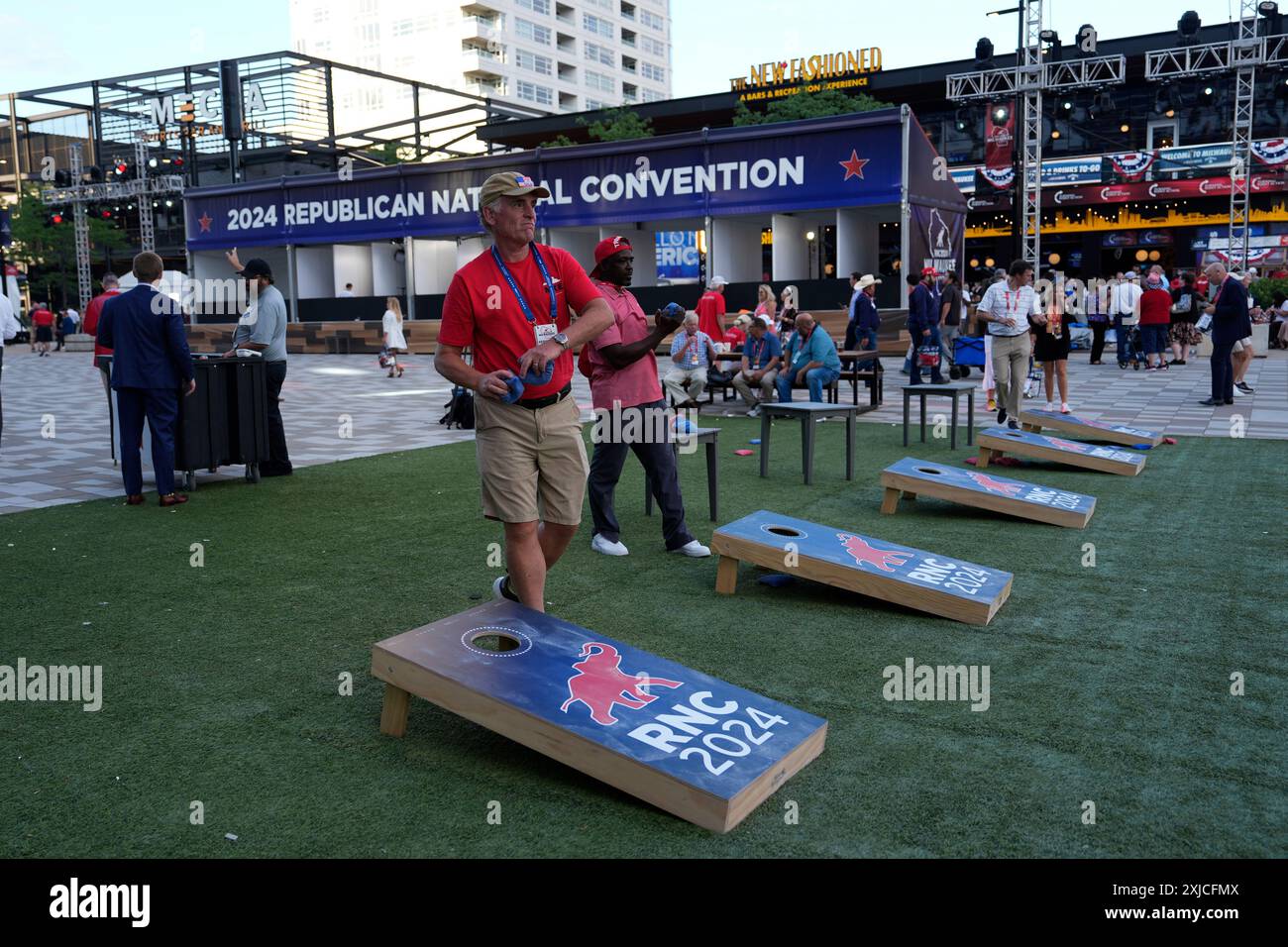 People play outside of the Fiserv Forum during the Republican National ...