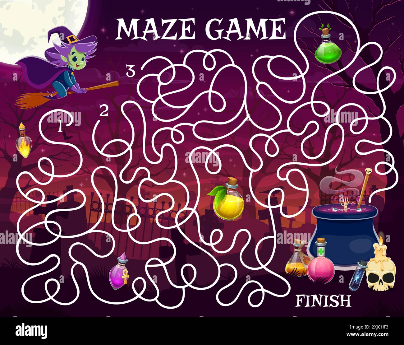 Halloween labyrinth maze quiz game, help to witch find a magic potion ...