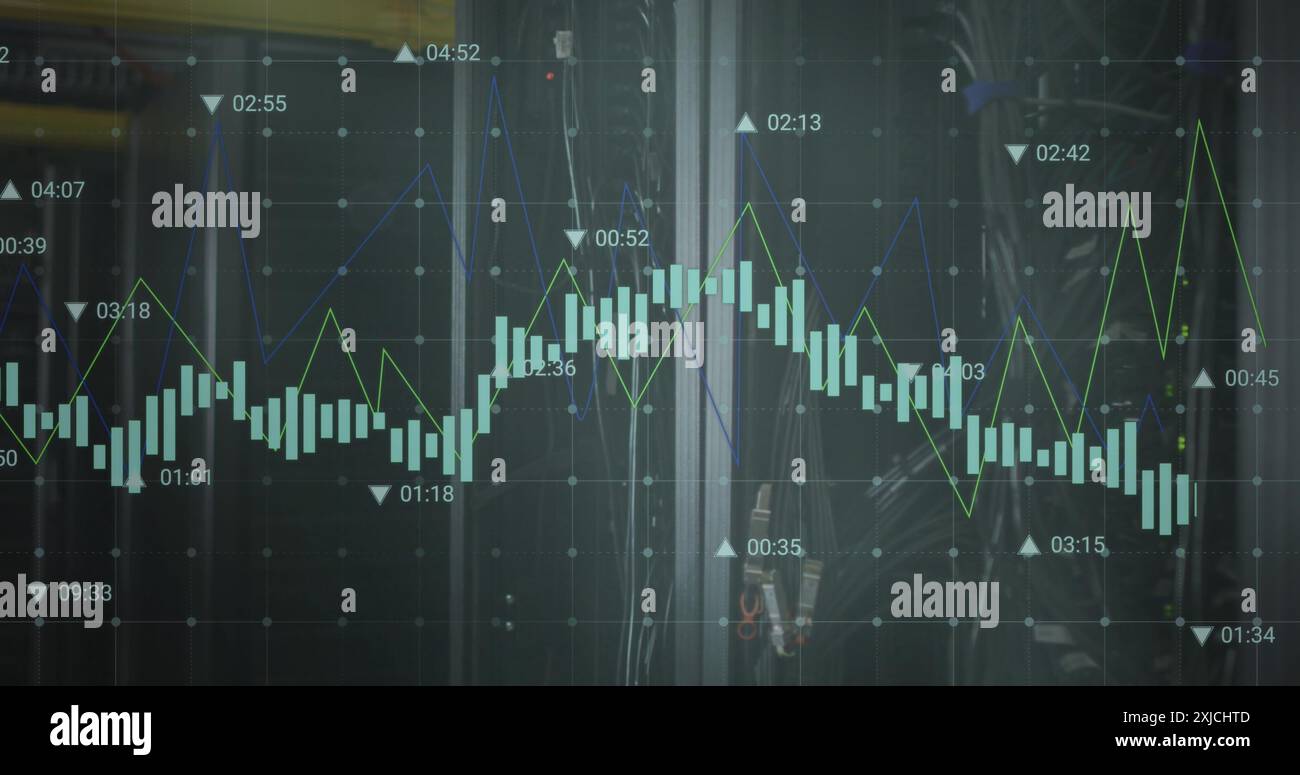 Image of multiple graphs with changing numbers over data server room. Digital composite ...