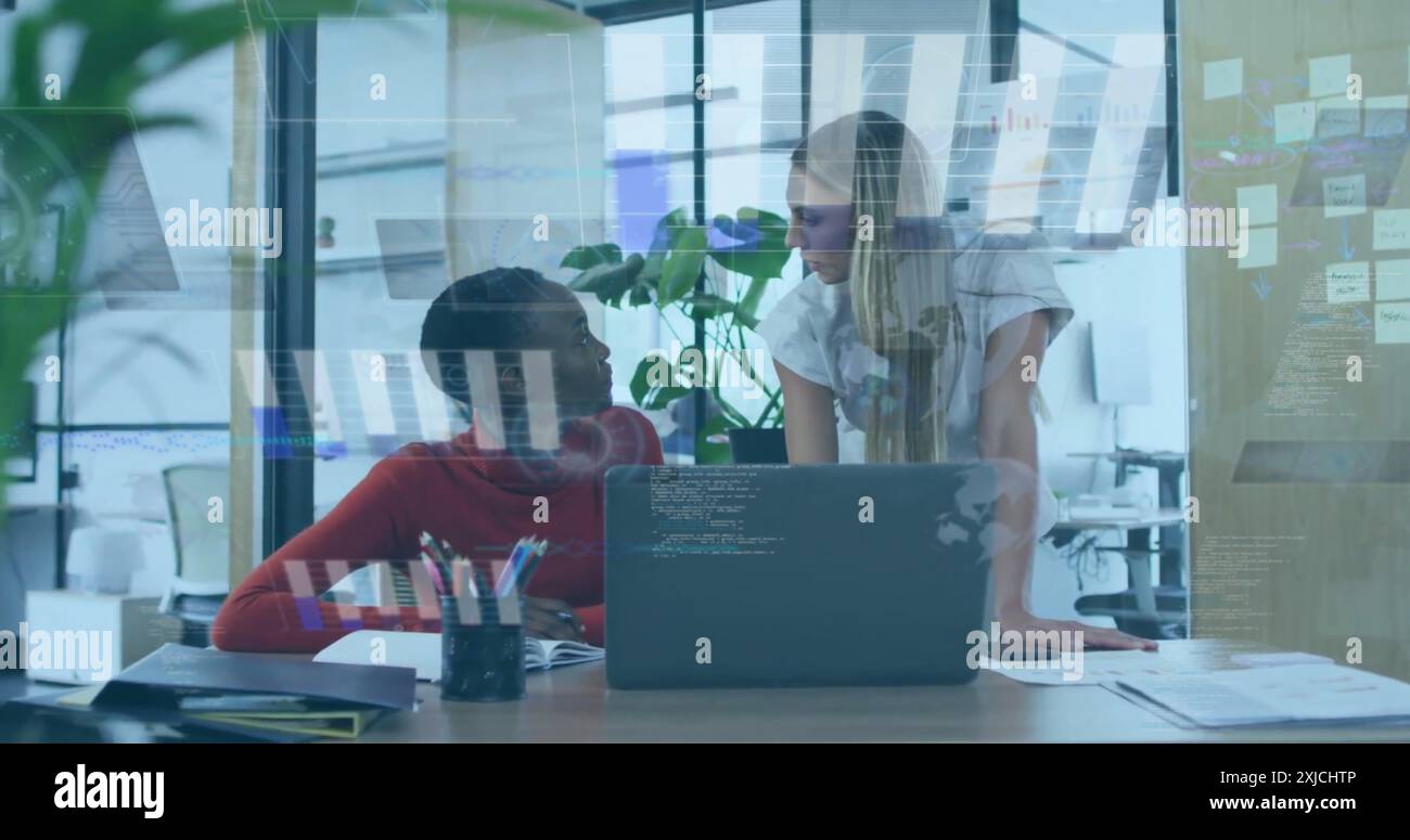 Image of graphs and globes over diverse female coworkers discussing ...