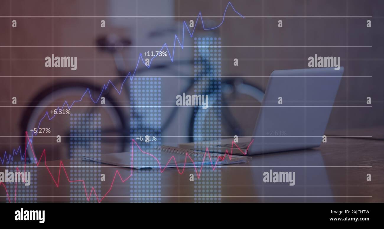 Image of statistical data processing against view of equipment on desk and bicycle at office ...