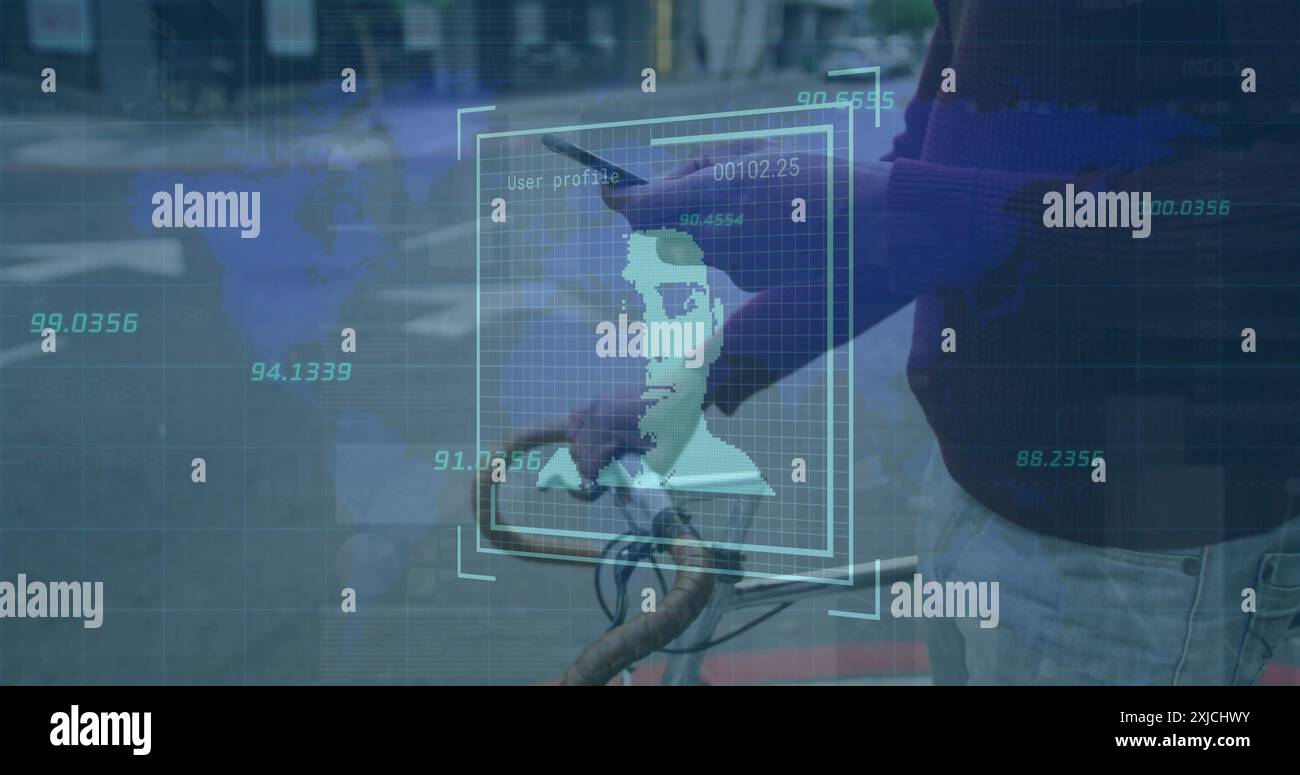 Image of digital profile picture, numbers and map over caucasian man on ...