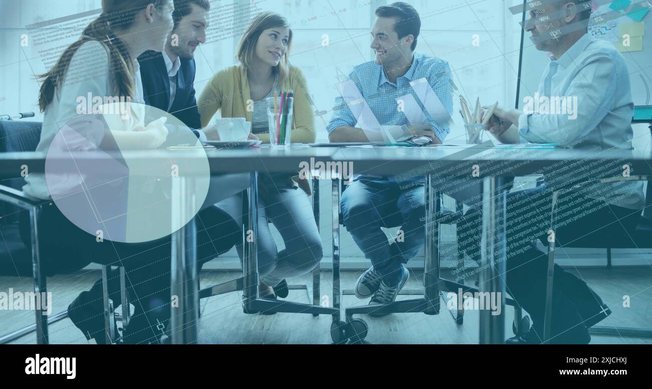 Image of multicolored infographic interface over diverse coworkers ...