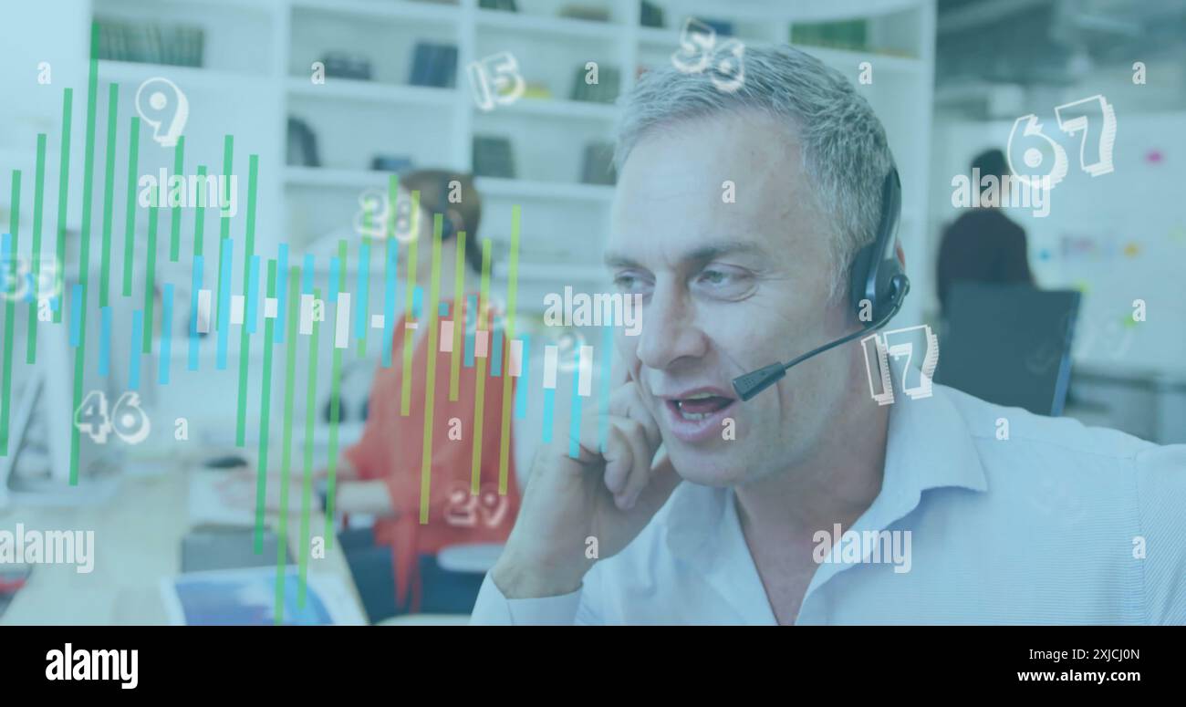 Image of numbers and multicolored graphs, caucasian call center agent ...